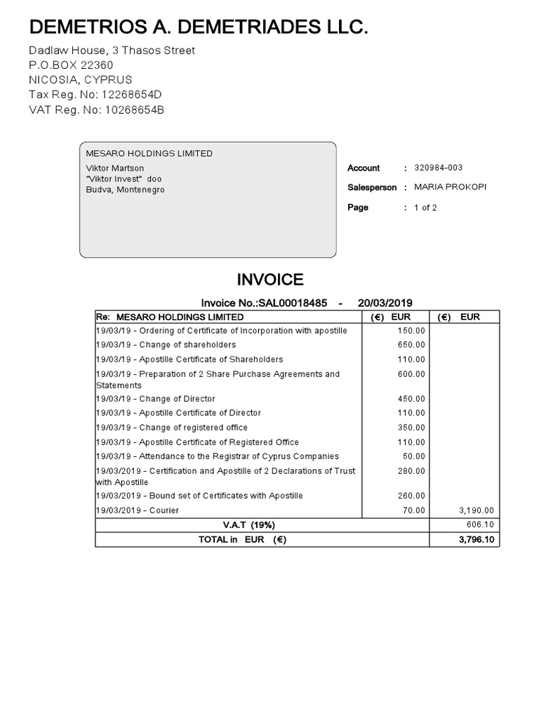 Invoice: Dadlaw House, 3 Thasos Street P.O.BOX 22360 Nicosia, Cyprus ...