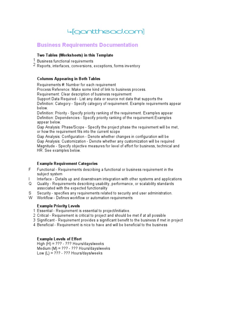 Business Requirements Documentation: Two Tables (Worksheets) in This ...