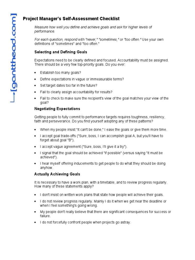 PM Manager Self Assessment Checklist | PDF | Goal | Psychological Concepts