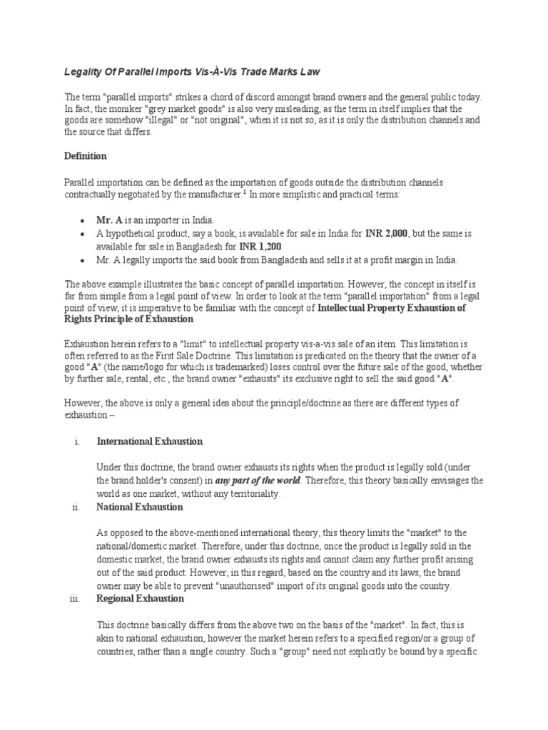 Legality of Parallel Imports Vis-À-Vis Trade Marks Law | Download Free ...