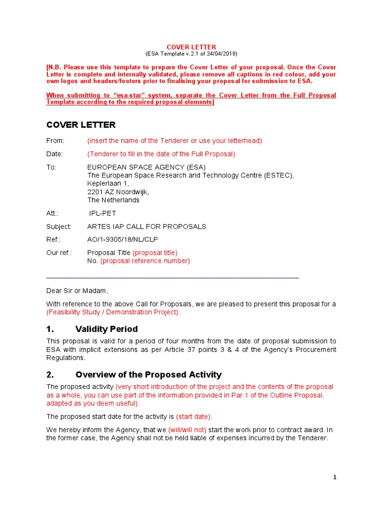 ARTES IAP Full Proposal Cover Letter Template | PDF | Prices | Government
