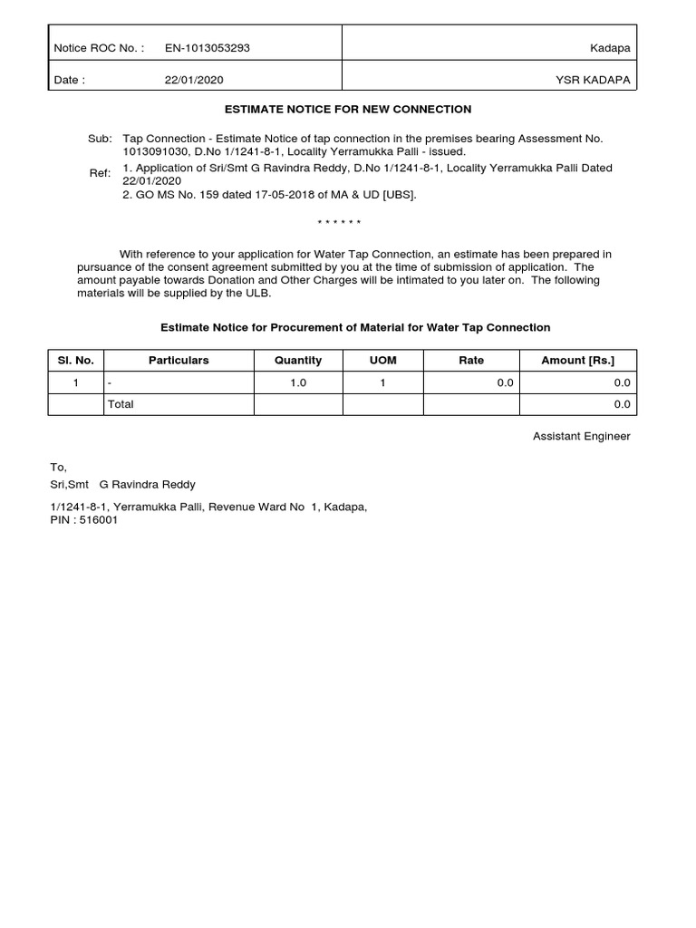 Water Tap Connection Estimate Notice | PDF | Technology & Engineering