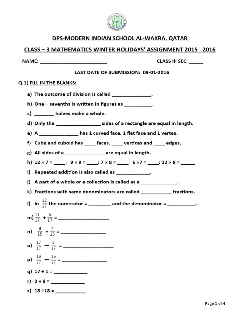 Dps-Modern Indian School Al-Wakra, Qatar Class - 3 Mathematics Winter Holidays' Assignment 2015 ...