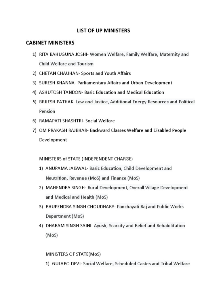 List of Up Ministers Cabinet Ministers | PDF