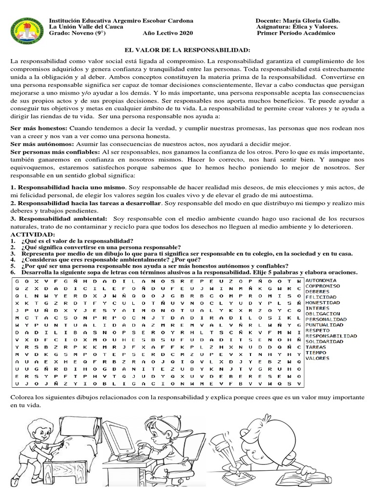 ÉTICA Y VALORES 9° - El Valor de La Responsabilidad | PDF | Conceptos ...