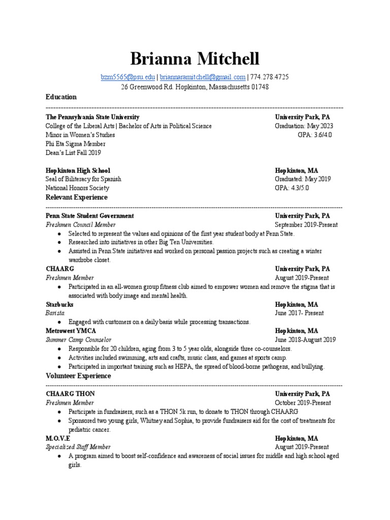 Brianna Mitchell's Resume Overview | PDF | Pennsylvania State University