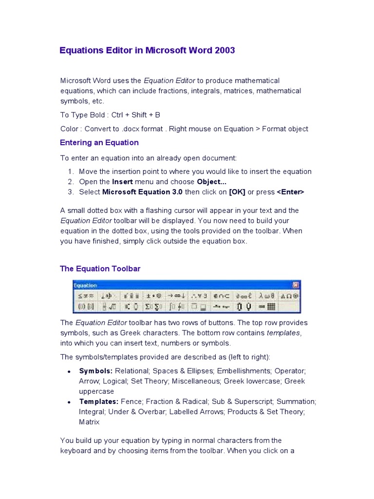 Equations Editor in Microsoft Word 2003: Entering An Equation | PDF ...