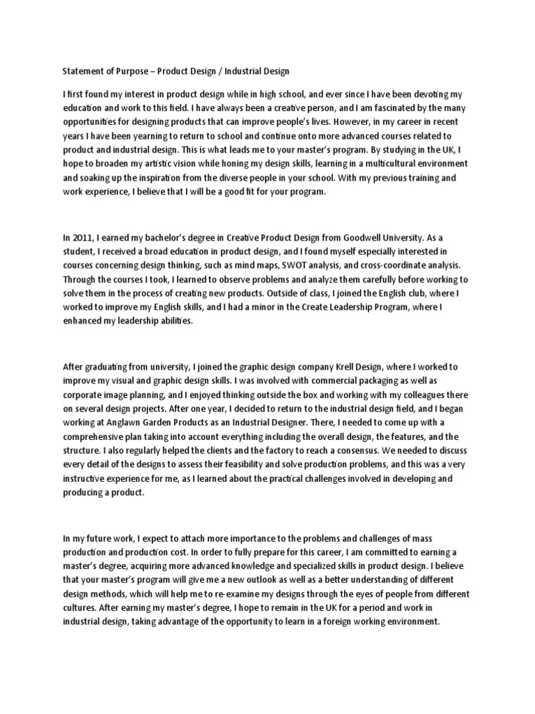 Statement of Purpose-Product Design | PDF | Design | Design Thinking