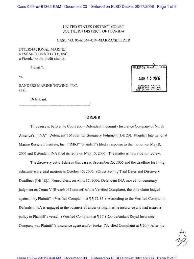 INT'L MARINE RESEARCH v. SANDERS MARINE TOW, Et Al IICNA Summary ...