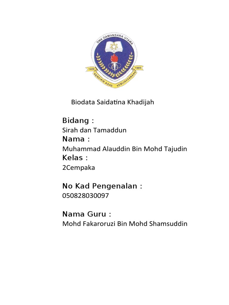 Biodata Saidatina Khadijah Pdf
