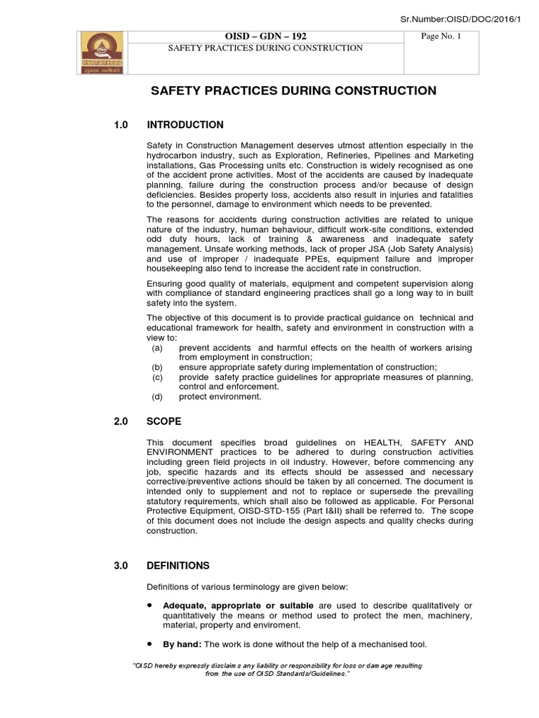 Safety Practices During Construction: Oisd - GDN - 192 | PDF ...