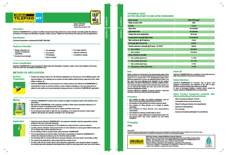 UltraTech TILEFIXO-NT Application Guide | PDF | Adhesive | Tile