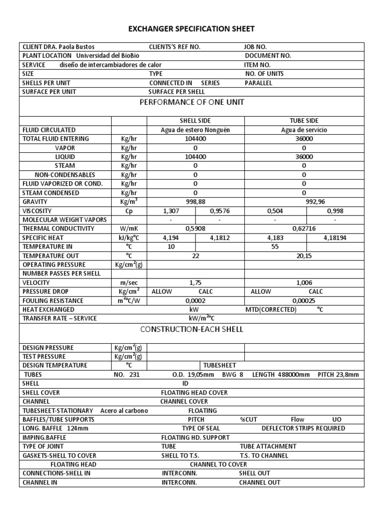EXCHANGER SPECIFICATION SHEET Hoja Especificaciones | PDF | Heat Exchanger | Liquids