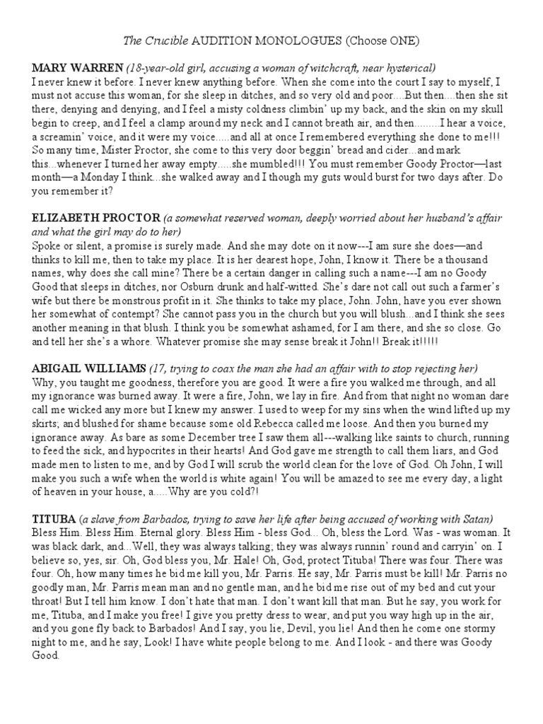 The Crucible AUDITION MONOLOGUES (Choose ONE) : and What The Girl May ...
