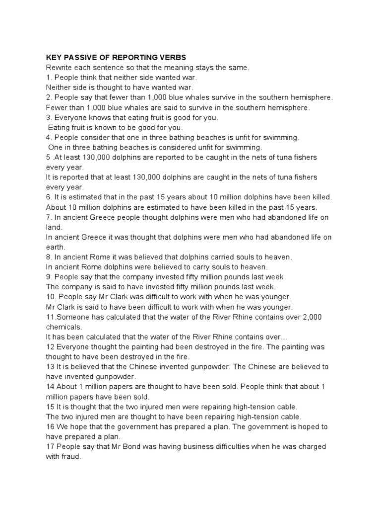 #3 Passive of Reporting Verbs With Key | PDF | Dolphin | Cetaceans