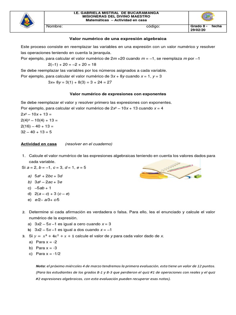 Valor Numérico de Una Expresión Algebraica 8 PDF | PDF