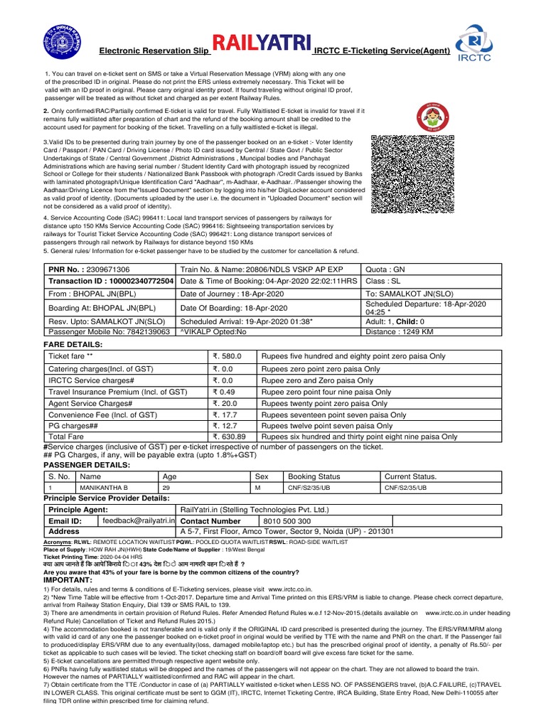Electronic Reservation Slip IRCTC E-Ticketing Service (Agent) | PDF ...