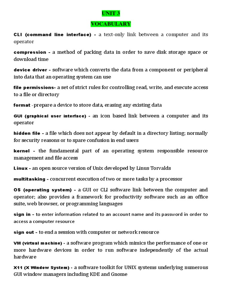 A Text-Only Link Between A Computer and Its Operator: Unit 3 Vocabulary | PDF | Operating System ...
