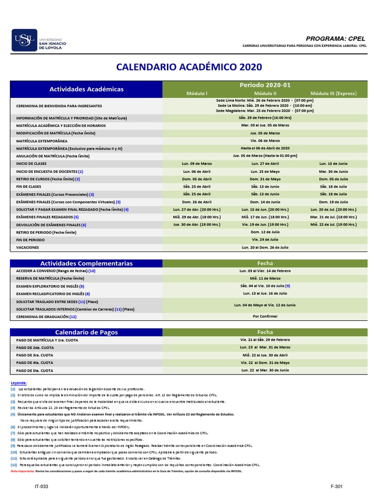 Calendario Académico CPEL 2020 | PDF | Prueba (evaluación) | Enseñando ...