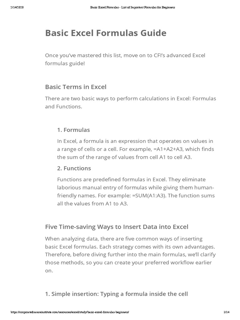 Basic Excel Formulas - List of Important Formulas For Beginners PDF ...