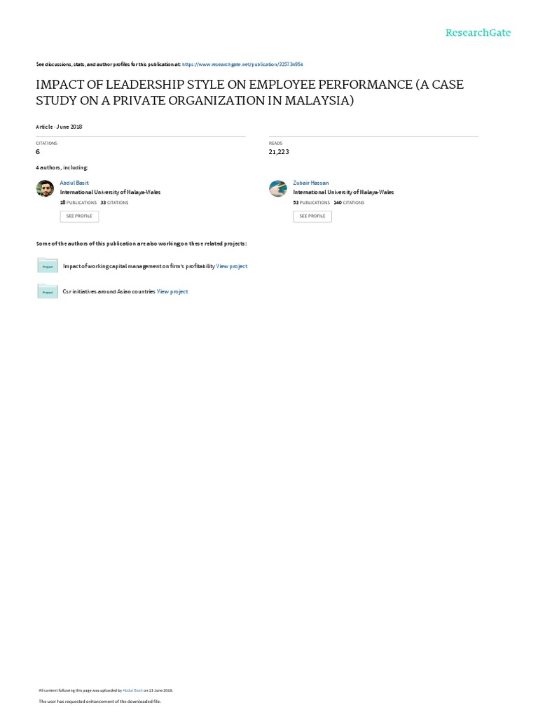Impact of Leadership Style On Employee Performance (A Case Study On A ...
