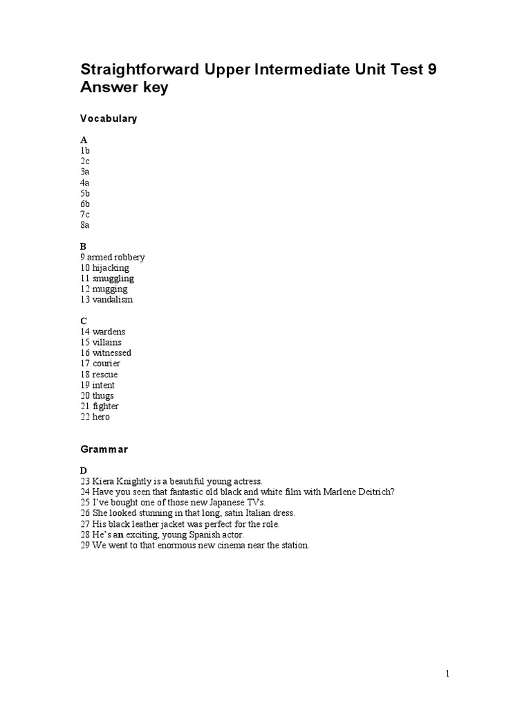 Straightforward Upper Intermediate Unit 9 Test Key | PDF