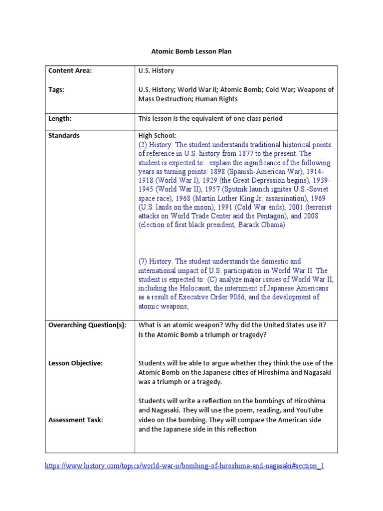 Atomic Bomb Lesson Plan Content Area: Tags | PDF | Atomic Bombings Of ...
