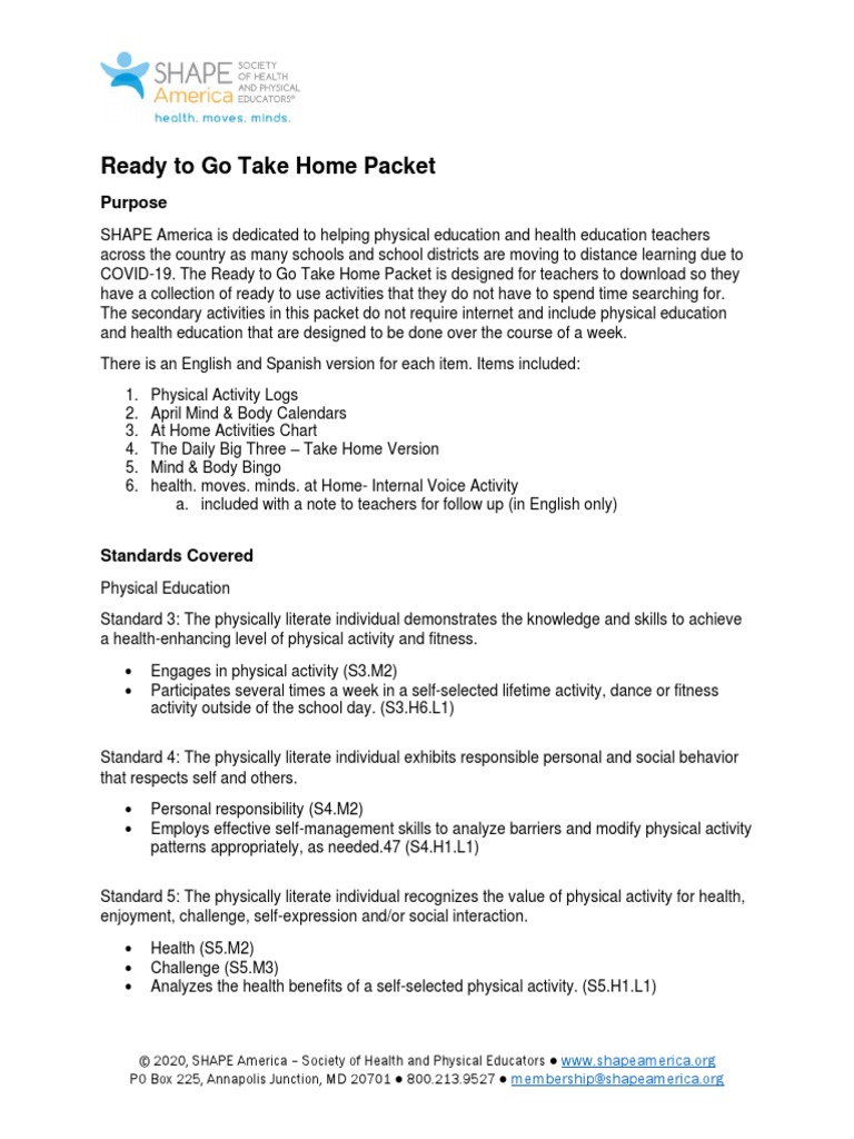 Ready To Go Take Home Packet: Purpose | PDF | Physical Education | Behavior
