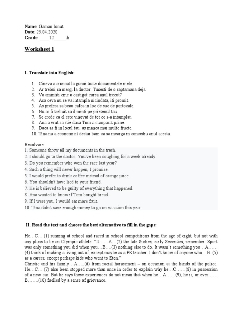 Worksheet 1: Name: Gaman Ionut Date: 25.04.2020 Grade: - 12 - TH | PDF