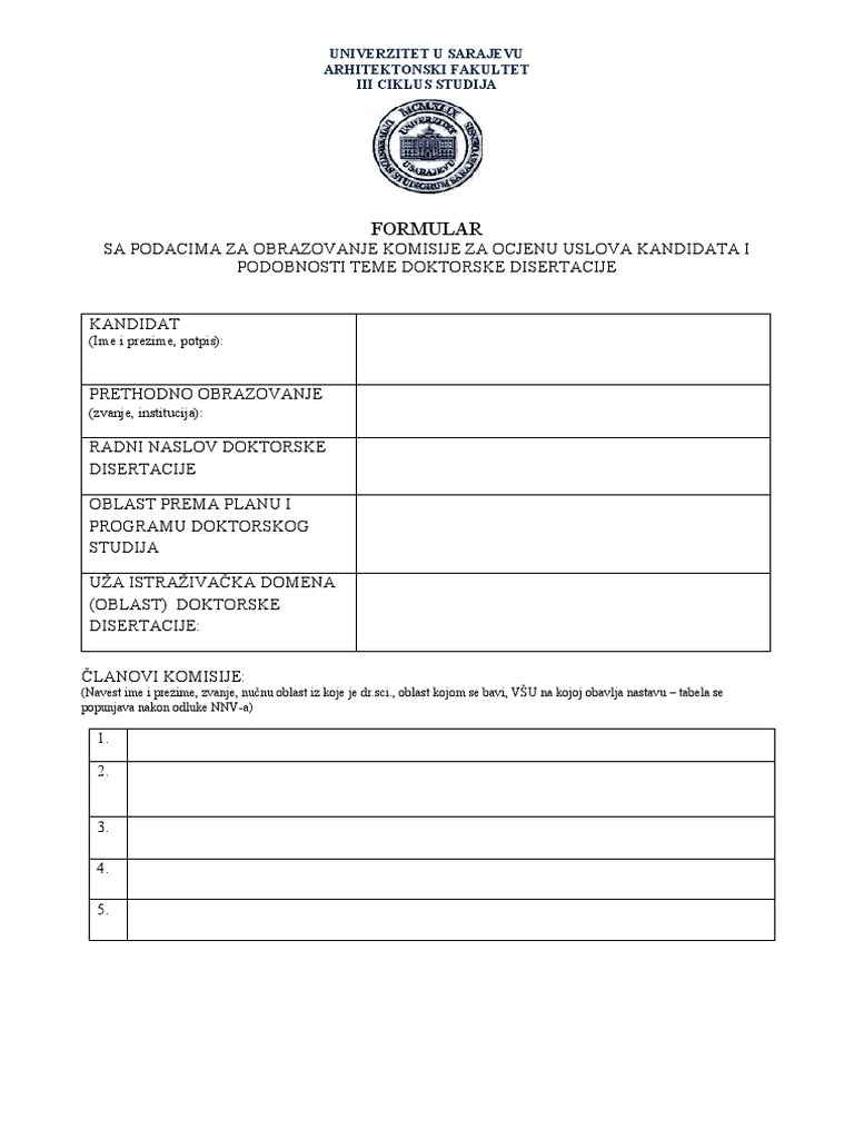 Obrazac Za Prijavu Teme Doktorske Disertacije Na III Ciklusu Studija | PDF