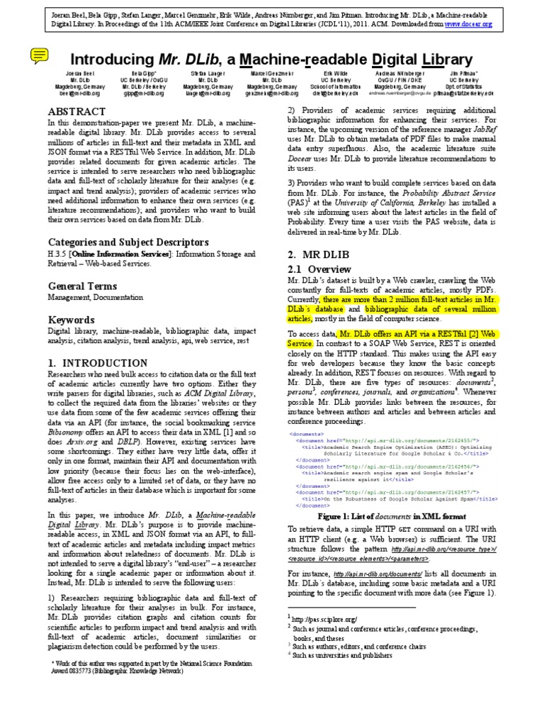 Mr Dlib A Machine Readable Digital Library Pdf Metadata World Wide Web