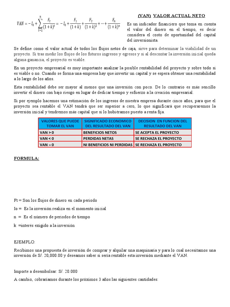 Valor Actual Neto (Van) | PDF | Valor presente neto | Economía Financiera