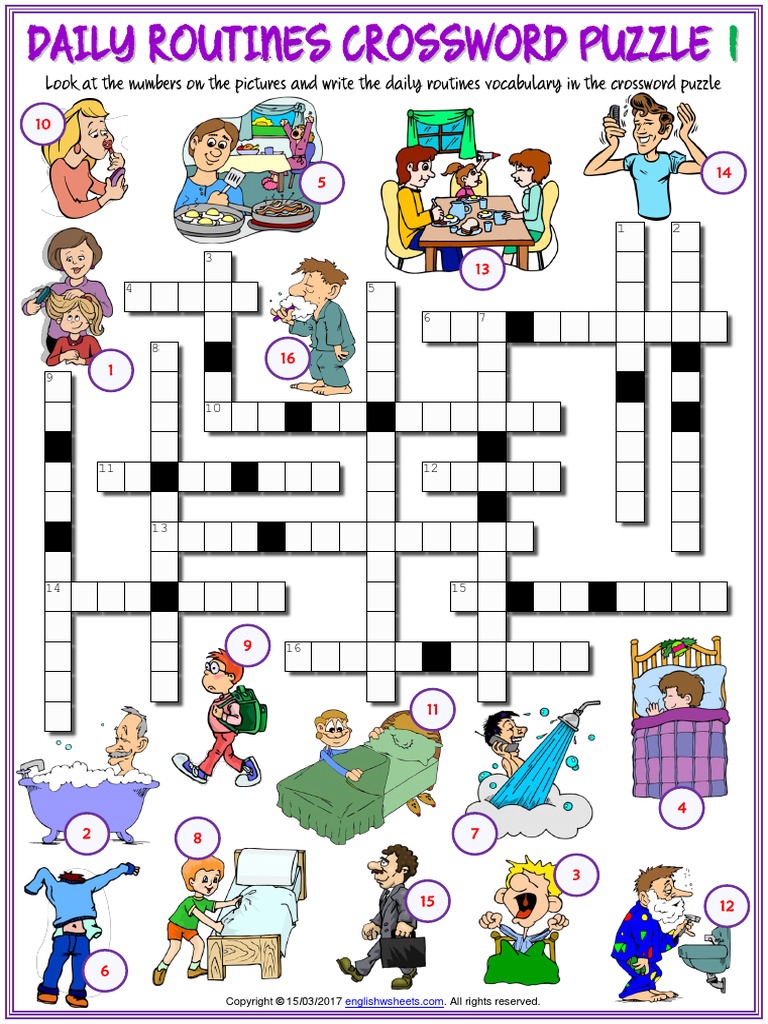 Daily Routines Vocabulary Esl Crossword Puzzle Worksheets For Kids | PDF