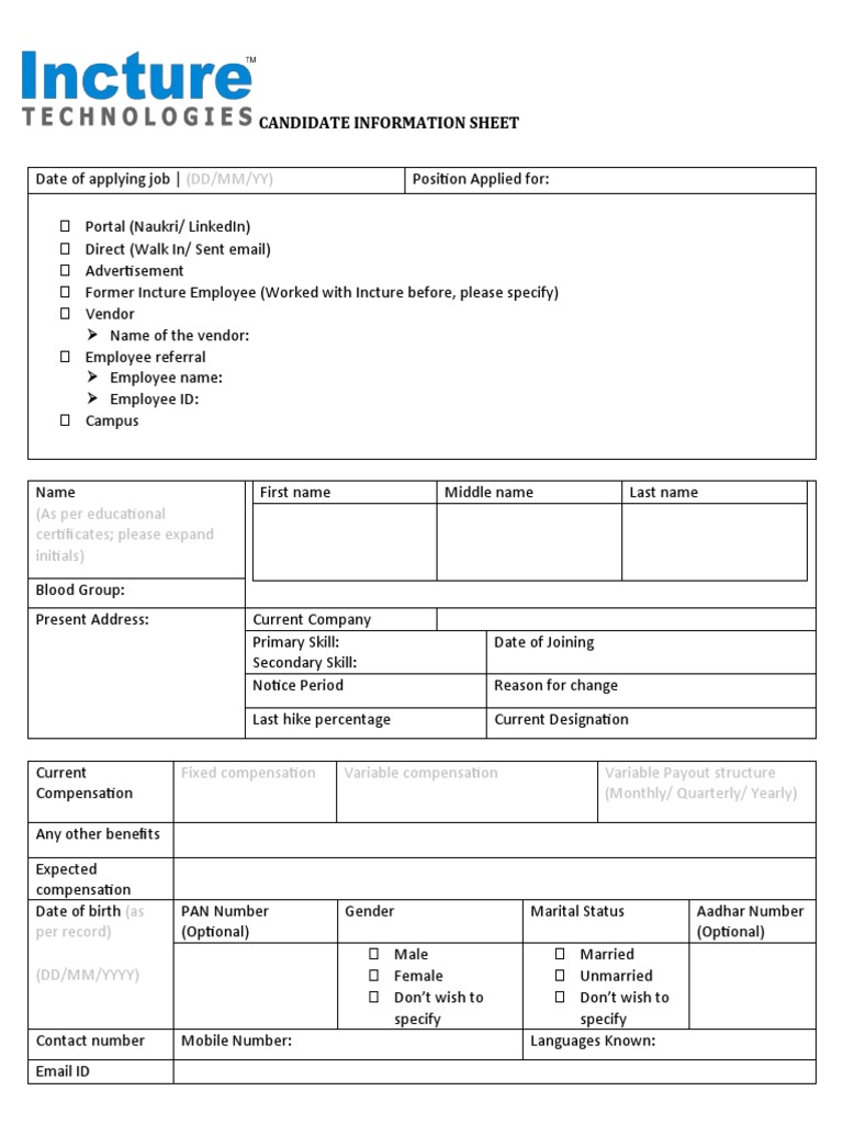 CANDIDATE INFORMATION SHEET - Incture | PDF | Employment | Business