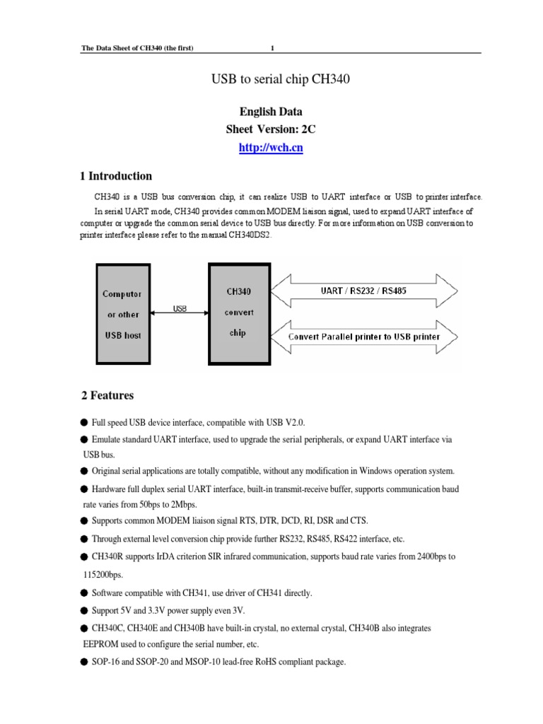 USB To Serial Chip CH340: English Data Sheet Version: 2C | PDF | Usb ...