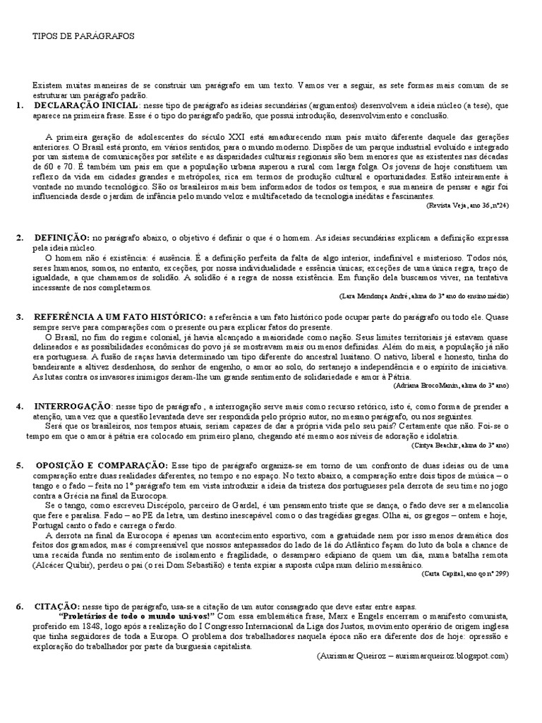 Tipos de Parágrafos Explicados | PDF | Definição | Amor
