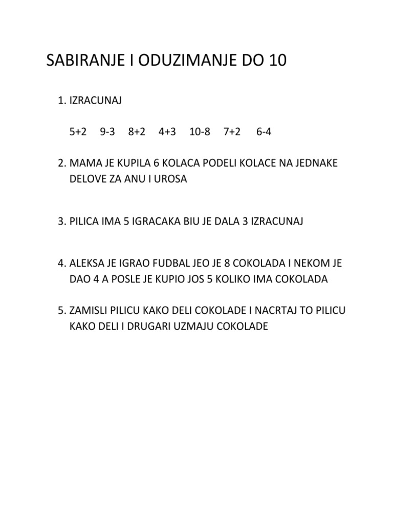 Sabiranje I Oduzimanje Do 10 | PDF