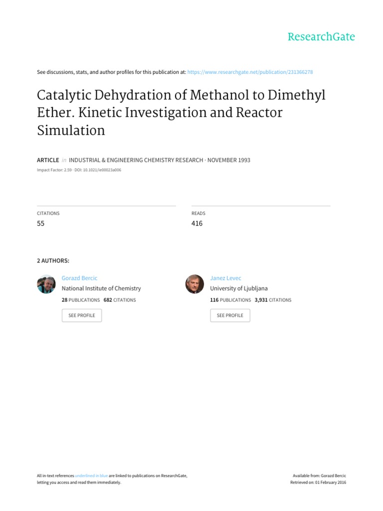 Catalytic Dehydration of Methanol To Dim | PDF | Chemical Reactor ...