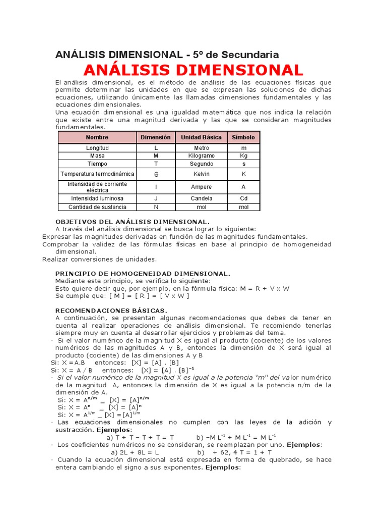 Análisis Dimensional | PDF | Enseñanza de matemática | Cantidades fisicas