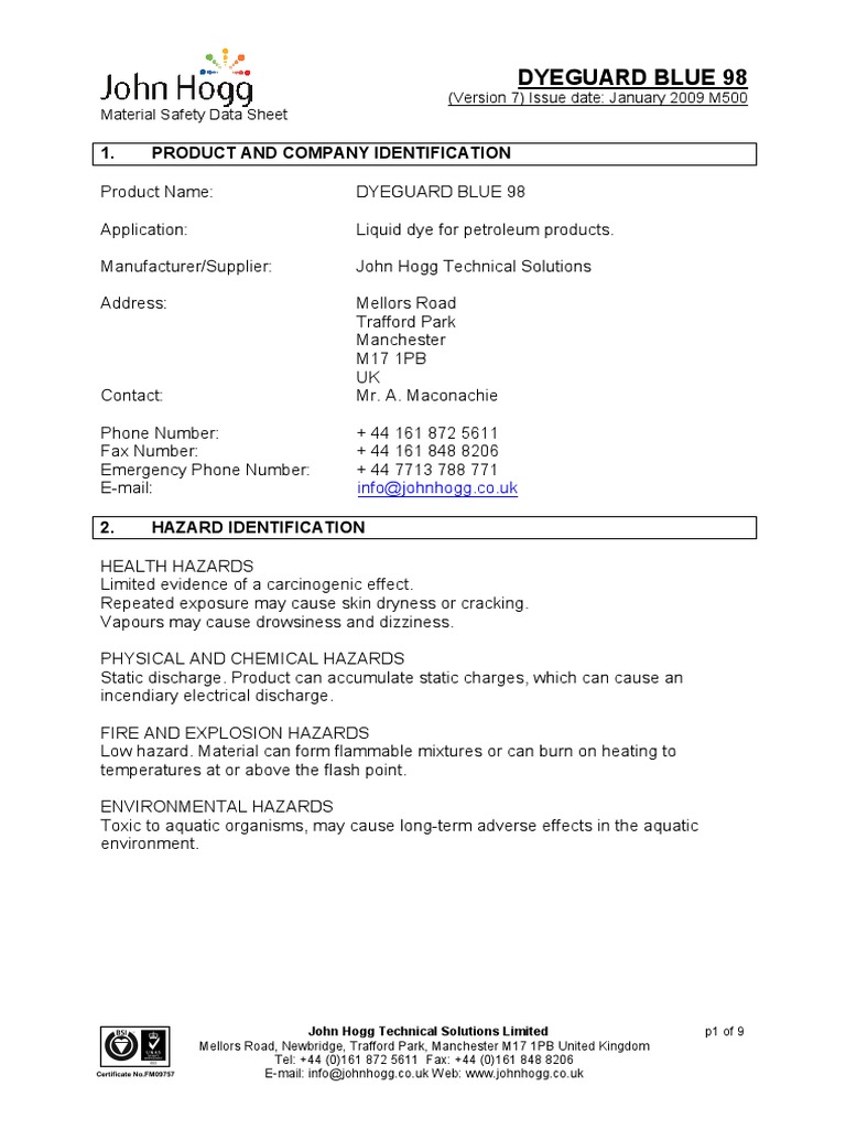 BLUE Msds | PDF | Toxicity | Dangerous Goods