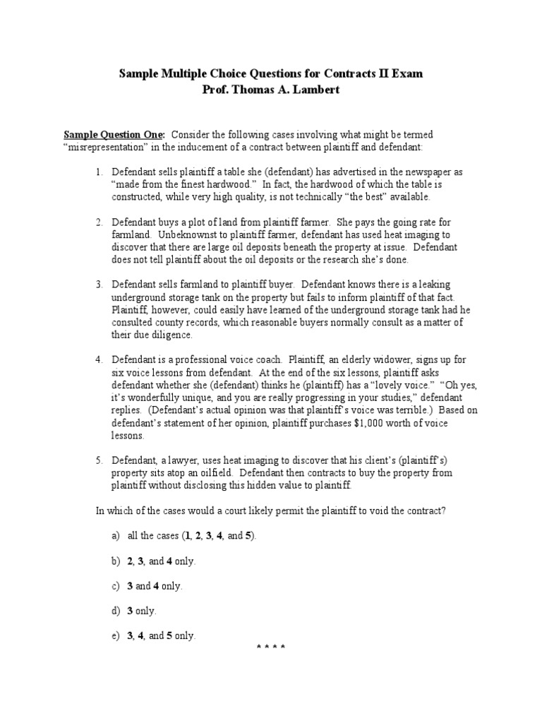 Sample Multiple Choice Questions For Contracts II Exam | PDF | Lease ...