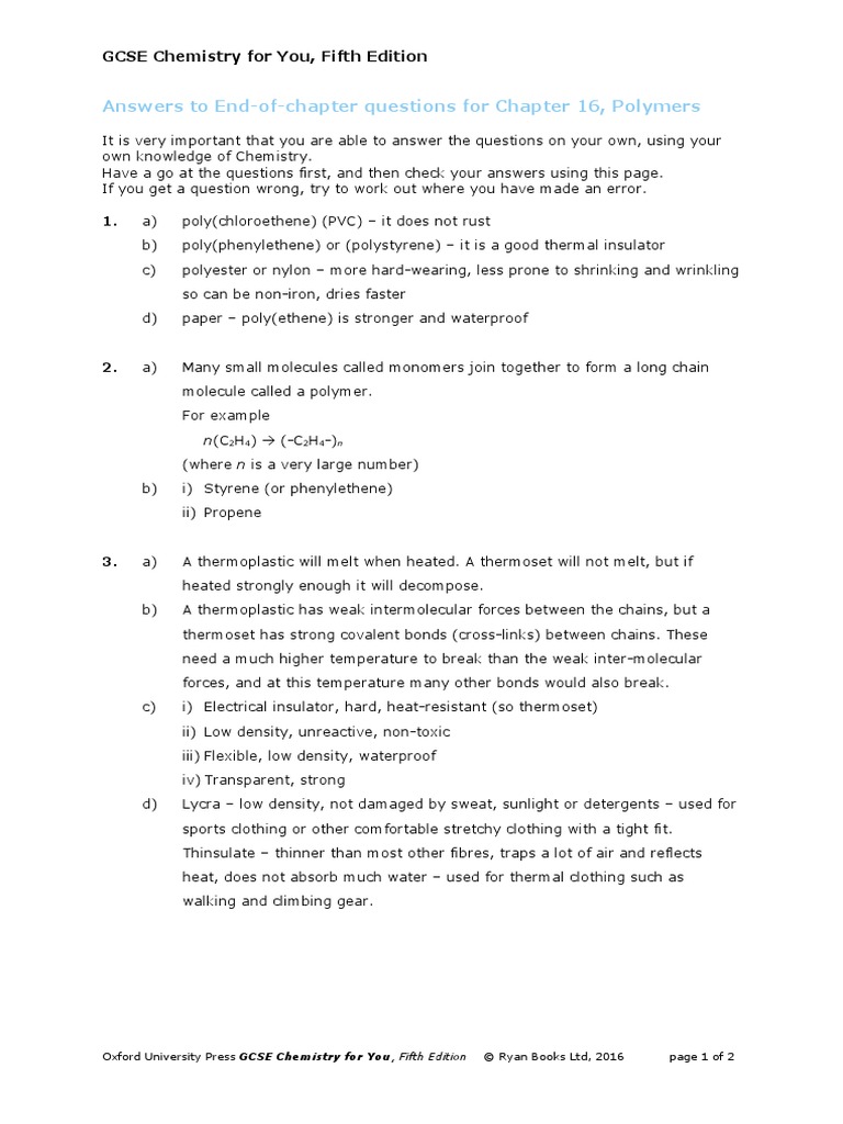 Answers To End-Of-Chapter Questions For Chapter 16, Polymers | PDF ...