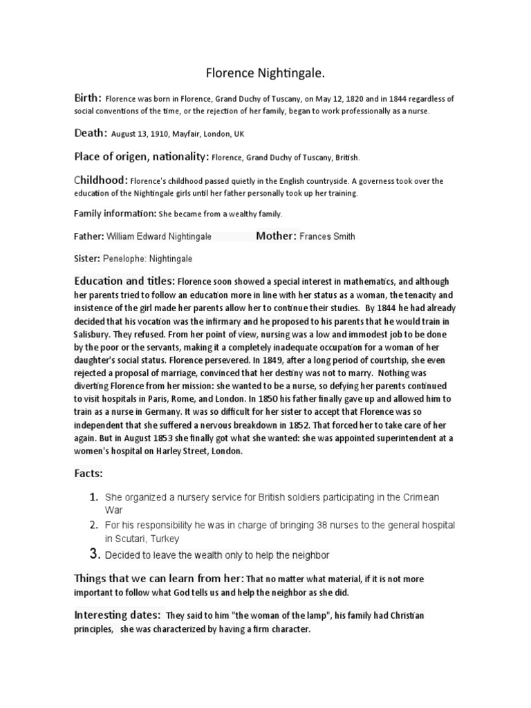 Florence Nightingale.: Birth: Death: Place of Origen, Nationality ...