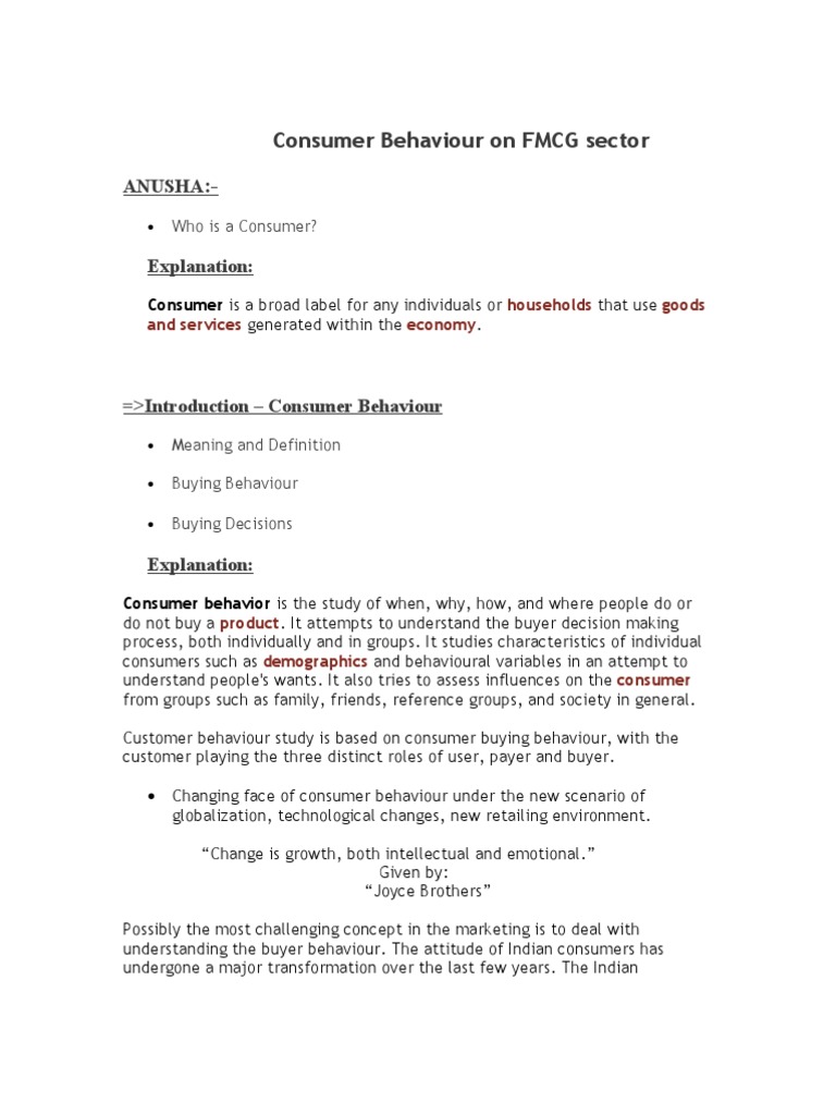 Consumer Behaviour On FMCG Sector: Anusha | PDF | Consumer Behaviour ...