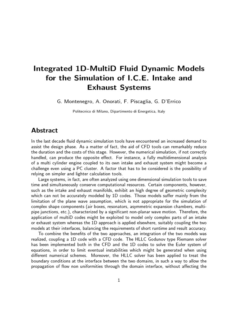 Integrated 1D-Multid Fluid Dynamic Models For The Simulation of I.C.E ...