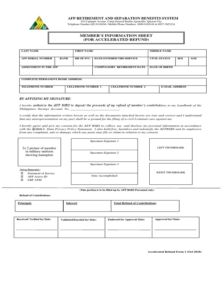 Member'S Information Sheet (For Accelerated Refund) : Afp Retirement ...