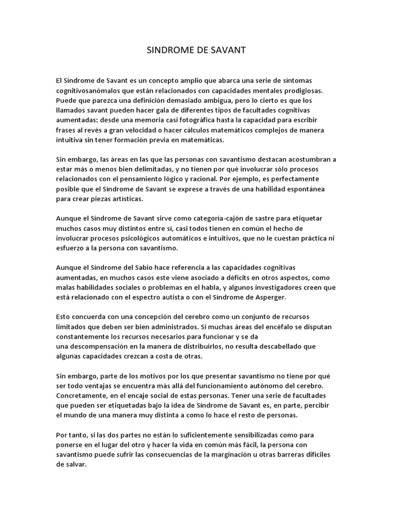 Sindrome de SAVANT PDF | PDF | Hemisferio cerebral | Neuropsicología