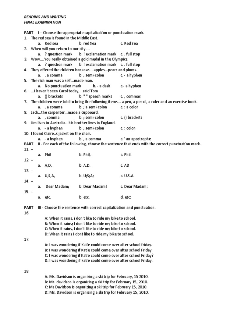 I - Choose The Appropriate Capitalization or Punctuation Mark | PDF ...