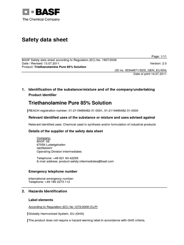 Safety Data Sheet: Triethanolamine Pure 85% Solution | PDF | Toxicity ...