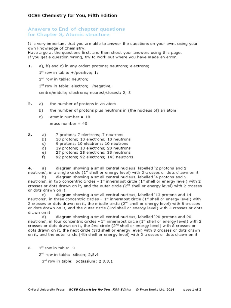 Answers To End-Of-Chapter Questions For Chapter 3, Atomic Structure ...